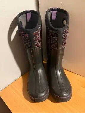 Bogs | Shoes | Bogs Black Rain Boots With Purple Accents And Patterned ...